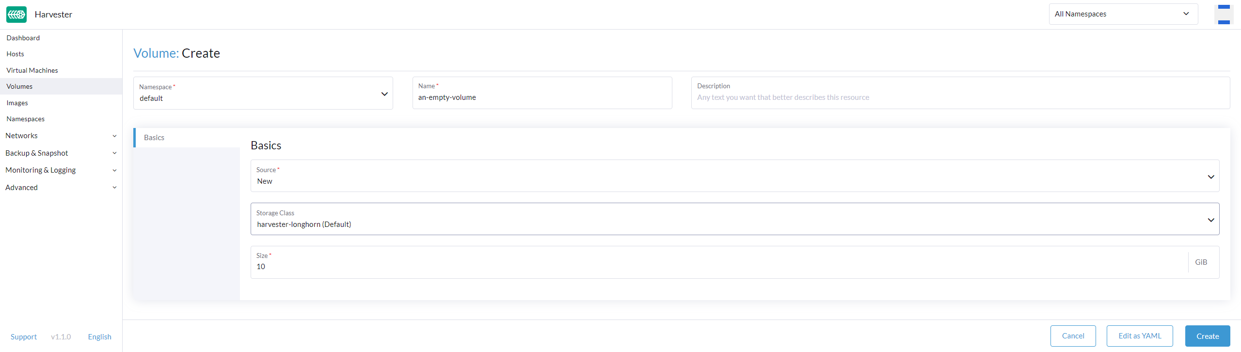 Volume Management - Create a Volume - 《Harvester v1.5 Documentation》 - 书栈网 · BookStack