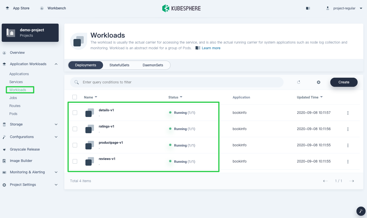 快速入门 - 部署 Bookinfo 和管理流量 - 《KubeSphere v3.0 使用手册》 - 书栈网 · BookStack