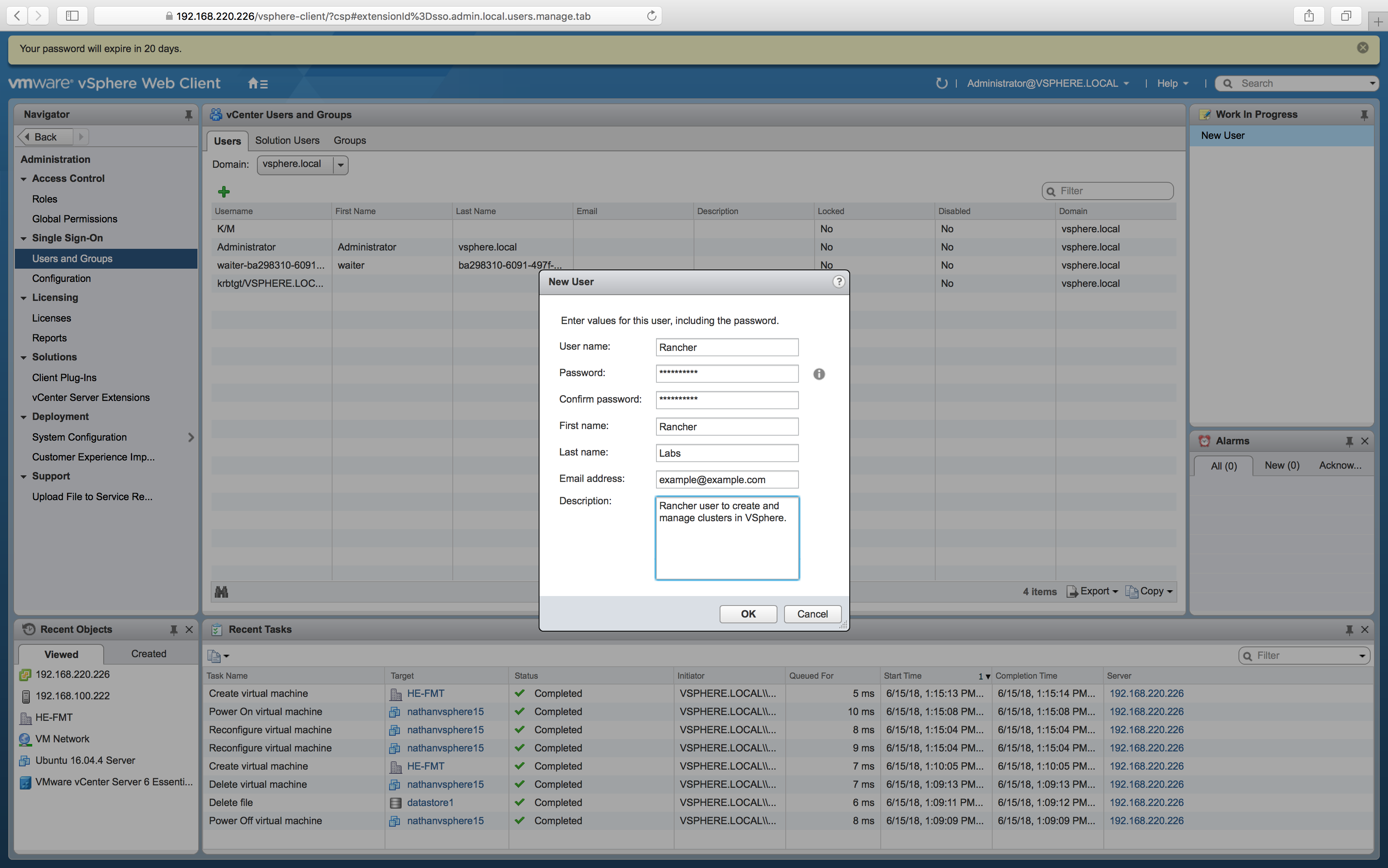 Creating a VMware vSphere Cluster - Creating Credentials in the VMware vSphere Console ...