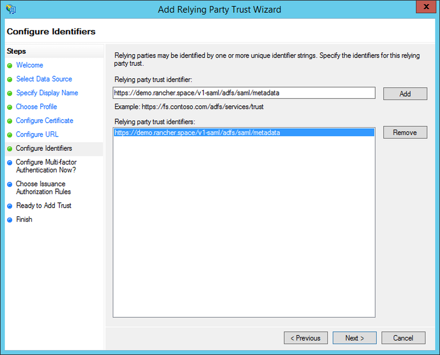 Configuring Microsoft AD Federation Service (SAML) - 1. Configuring Microsoft AD FS for Rancher ...
